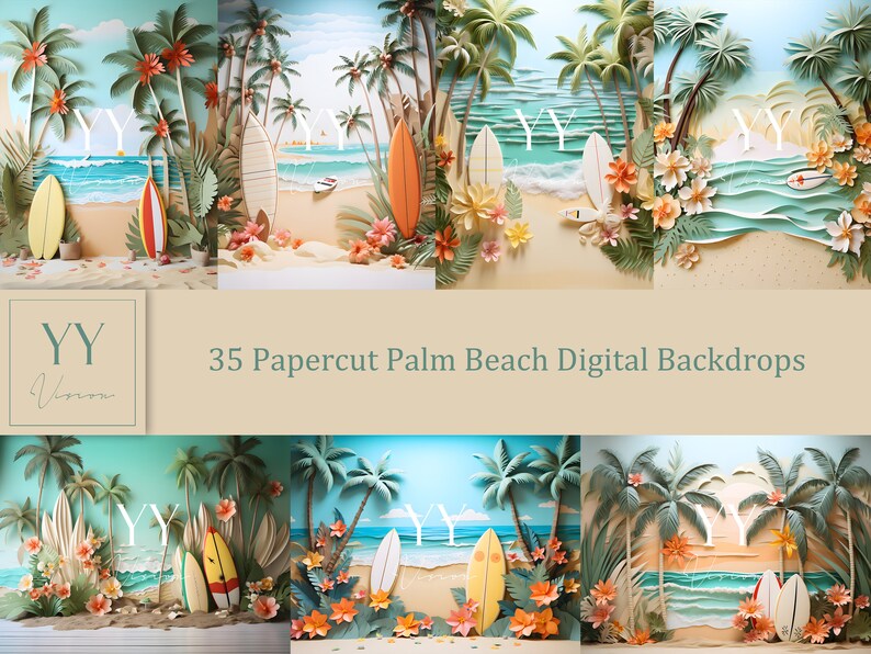 35 Papercut Palm Beach Digital Backdrops Sets for Newborn Baby Cake ...