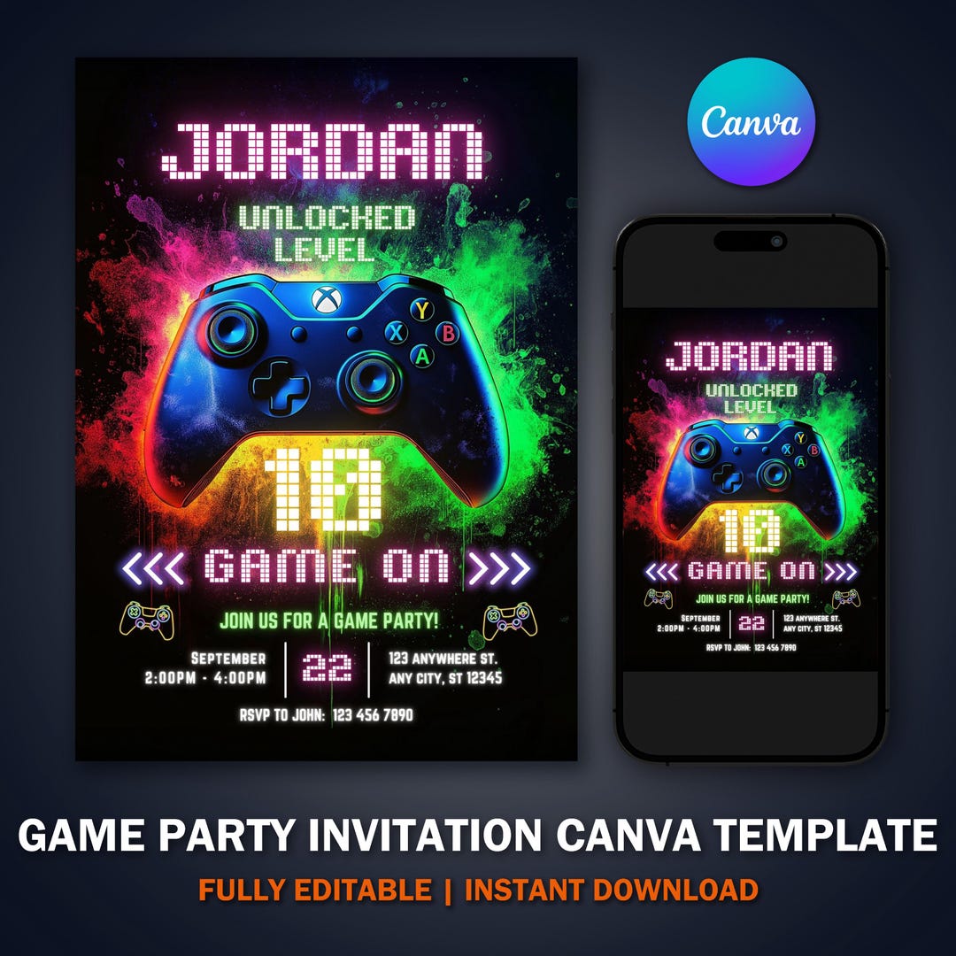 Video Game Party Invitation Template V3 | Editable Printable Digital ...
