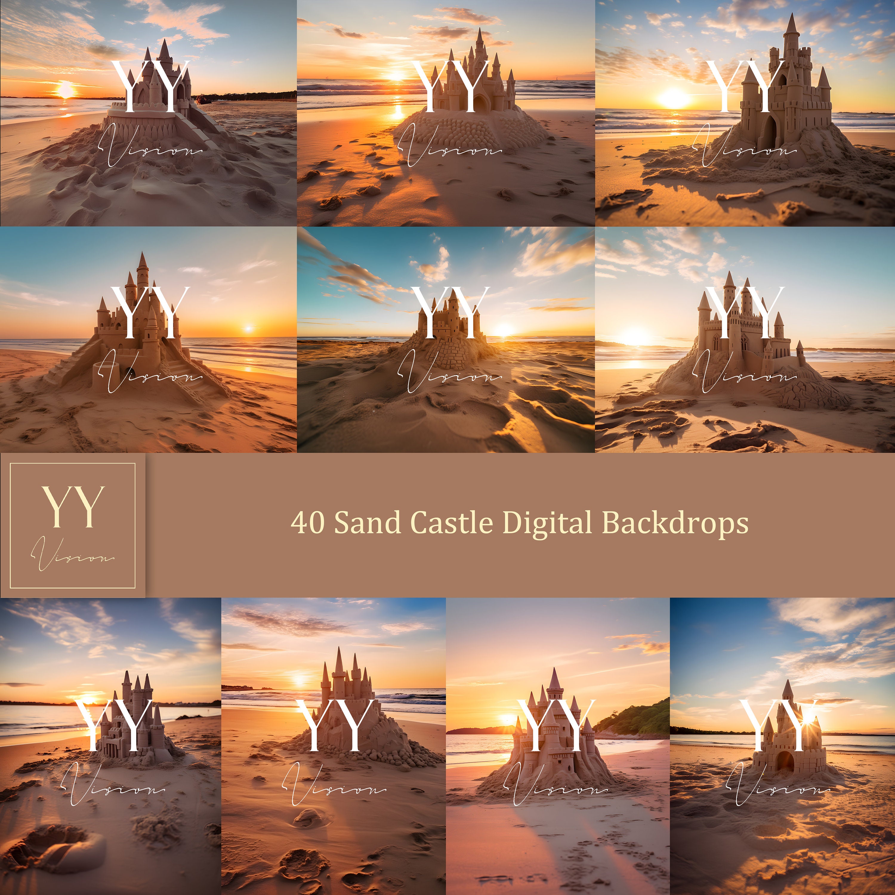 40 Sand Castle Beach Digital Backdrops Sets for Baby Kids Photography ...