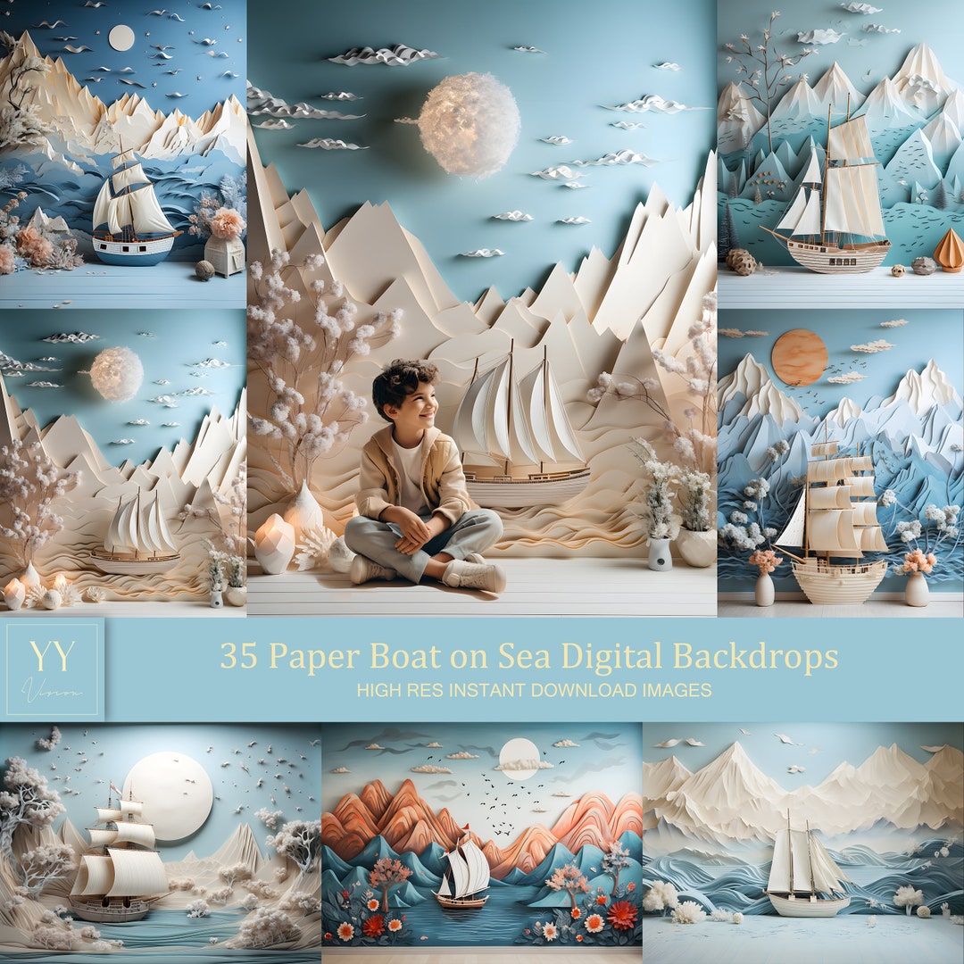 35 Papercut Boat on Sea Digital Backdrops Sets Newborn Baby Cake Smash ...