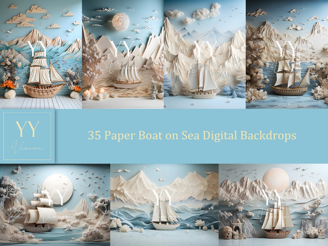 35 Papercut Boat on Sea Digital Backdrops Sets Newborn Baby - Etsy