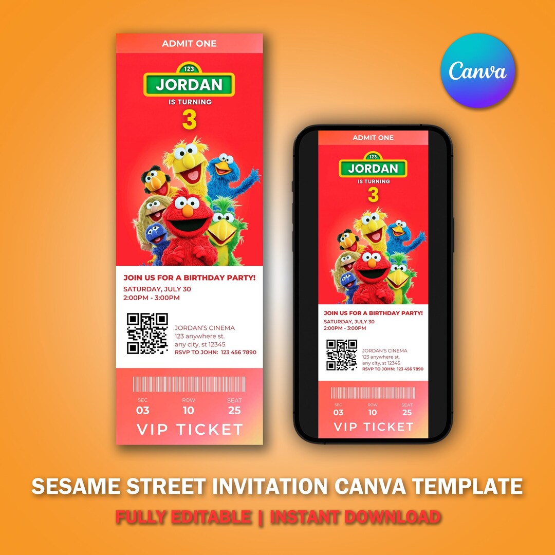 Sesame Street Ticket Invitation Template V1 for Birthday Party Editable ...