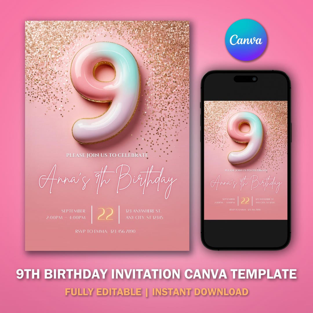 9th Birthday Invitation Template V1 for Glitter Birthday Party ...