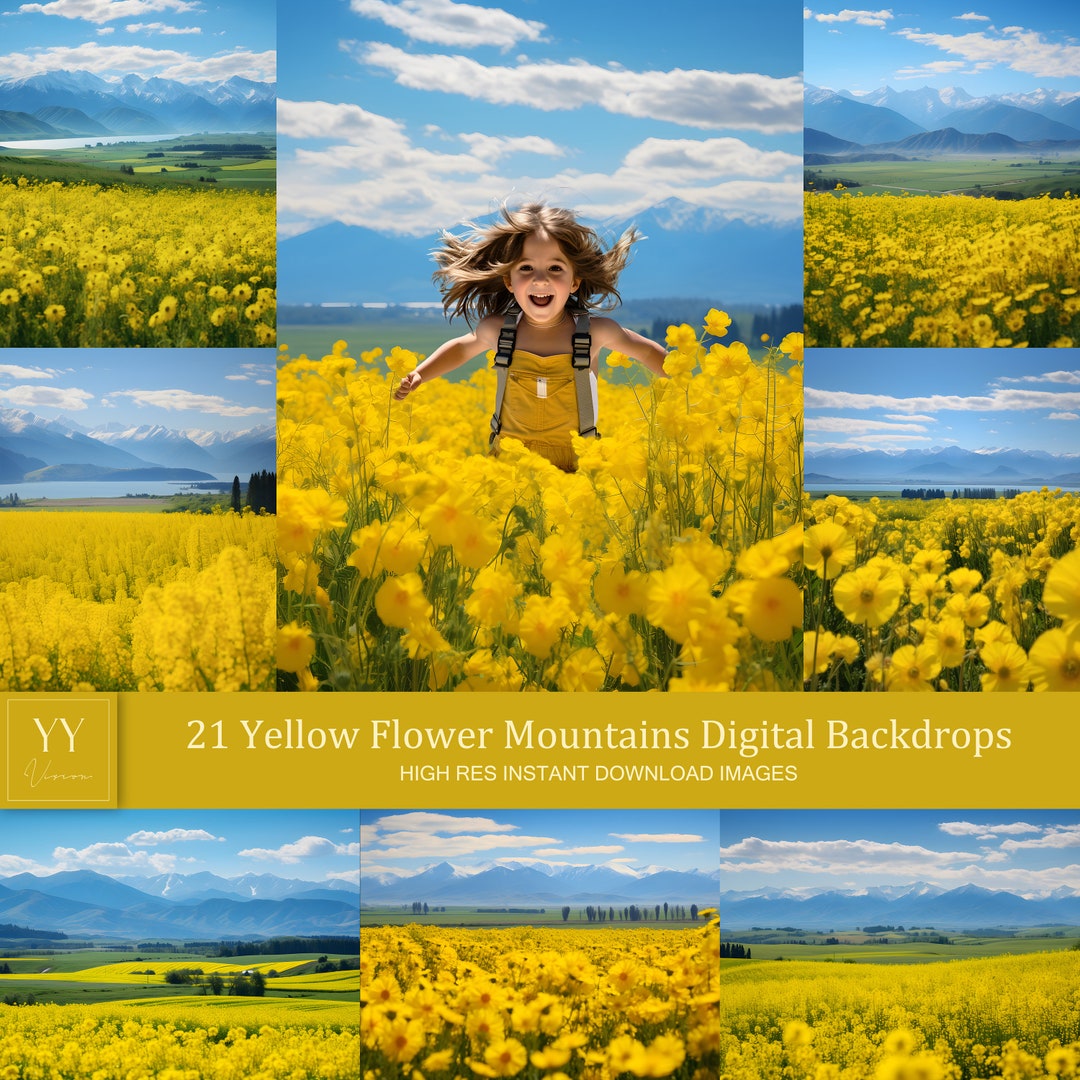 21 Yellow Flowers Mountains Digital Backdrops Sets for Wedding ...