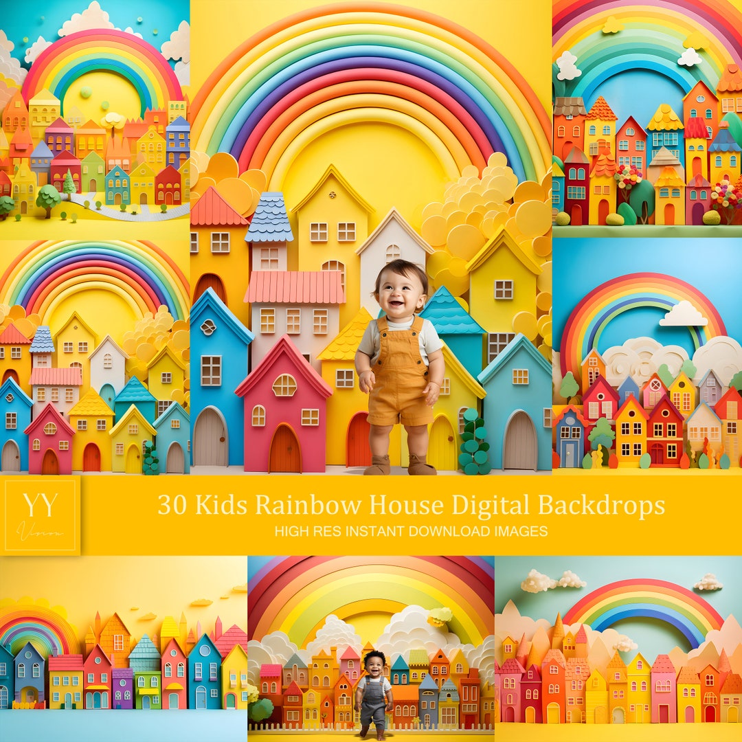 30 Kidcore House Rainbow Cloud Digital Backdrops Sets for Baby Cake ...