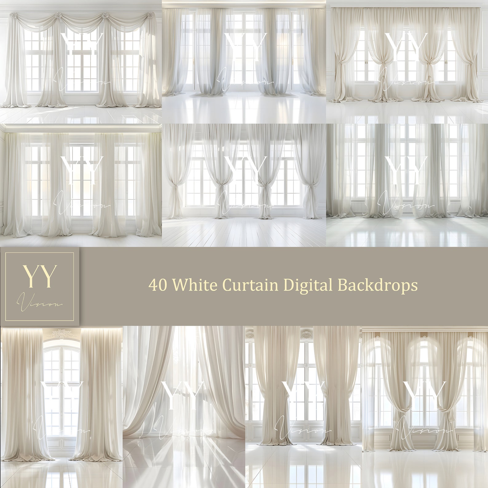 40 White Curtain White Room Digital Backdrops Sets for Maternity ...