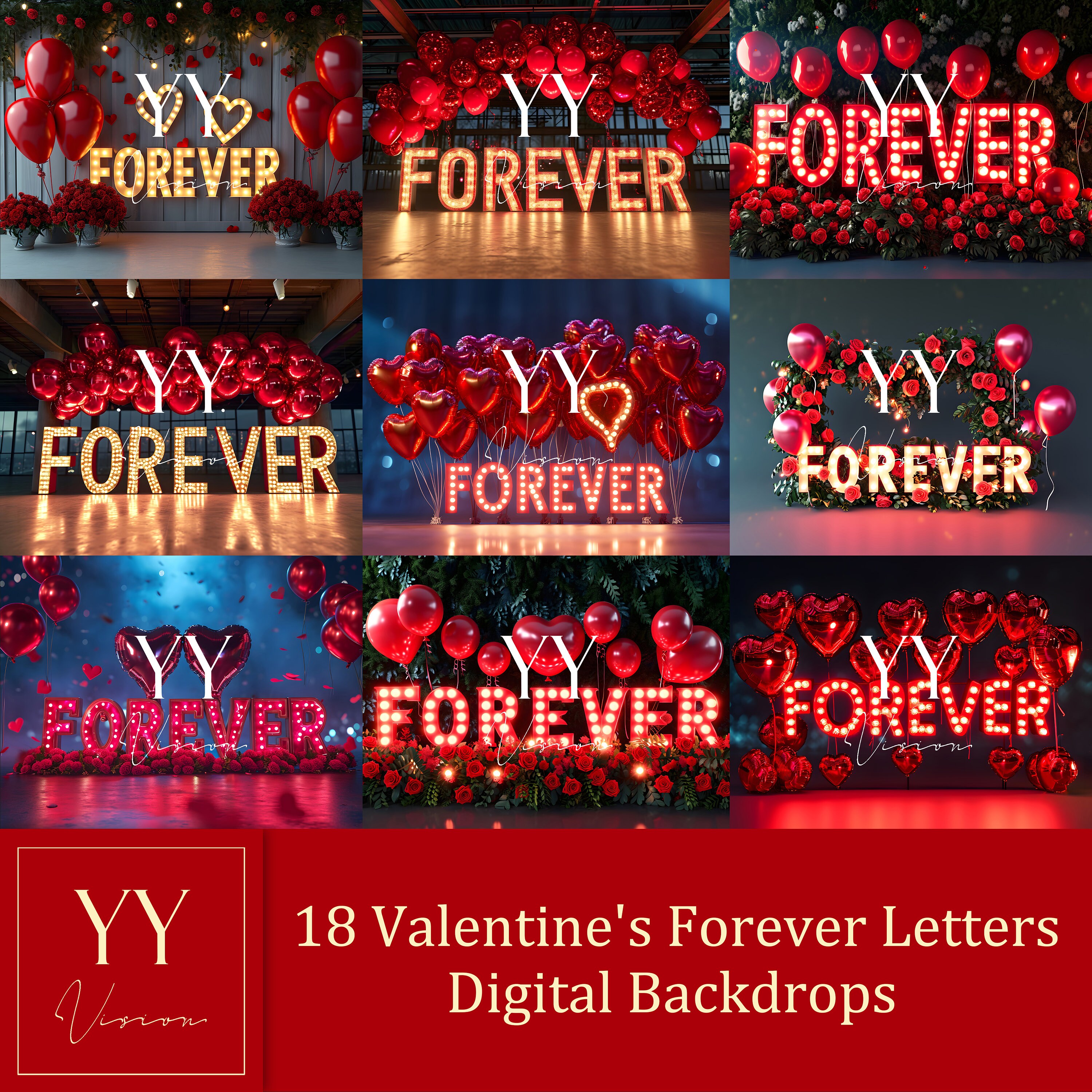 18 Forever Letters Digital Backdrops Sets for Valentine Day Gift ...