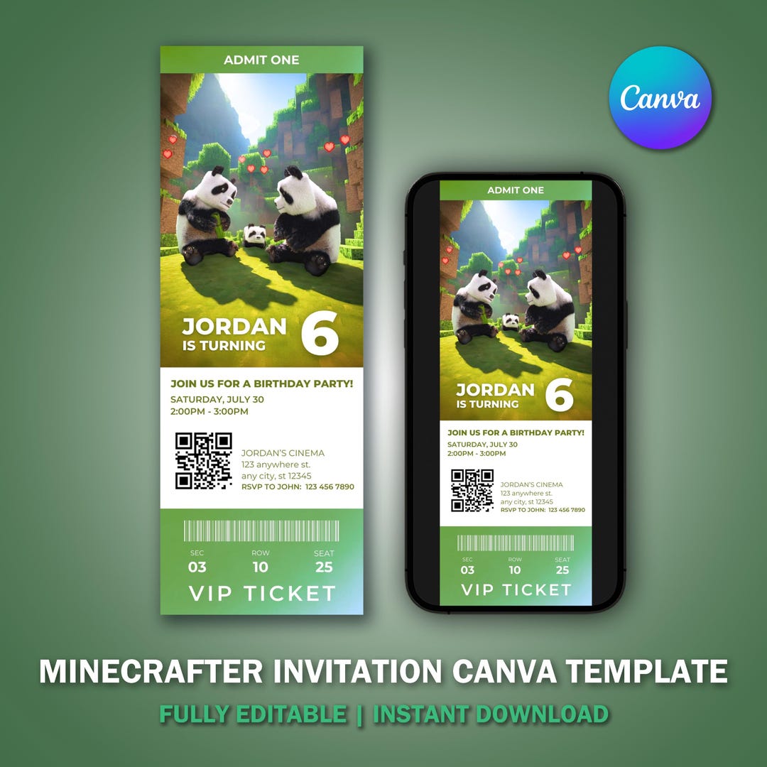 Minecrafter Invitation Ticket Template V9 for Movie Party | Editable ...