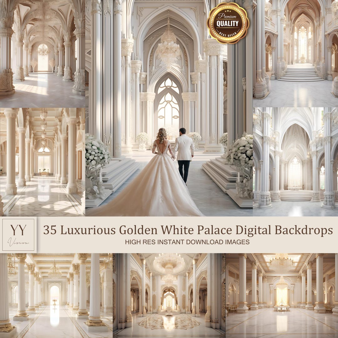 35 Luxurious Golden White Palace Digital Backdrops Sets for Wedding ...