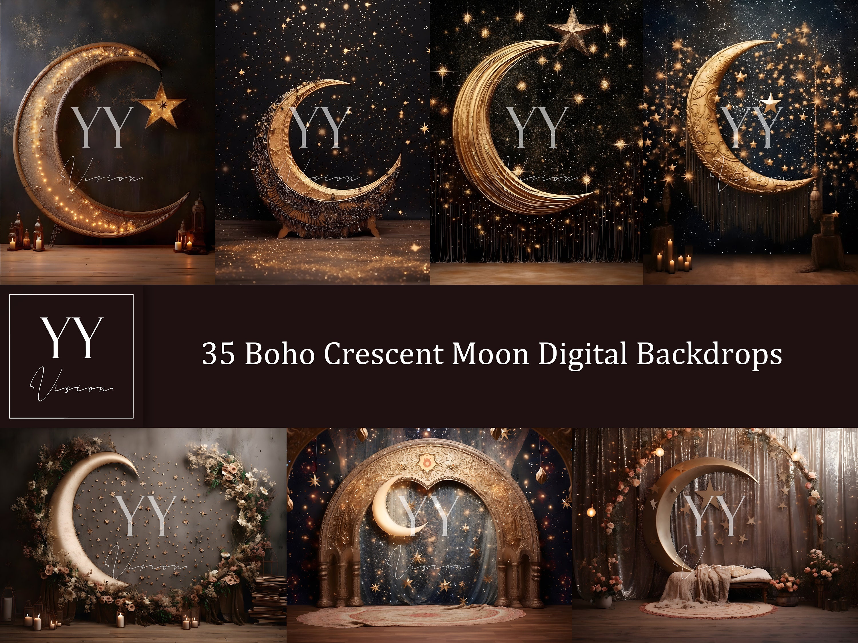 35 Boho Crescent Moon Digital Backdrops Sets for Maternity Newborn ...