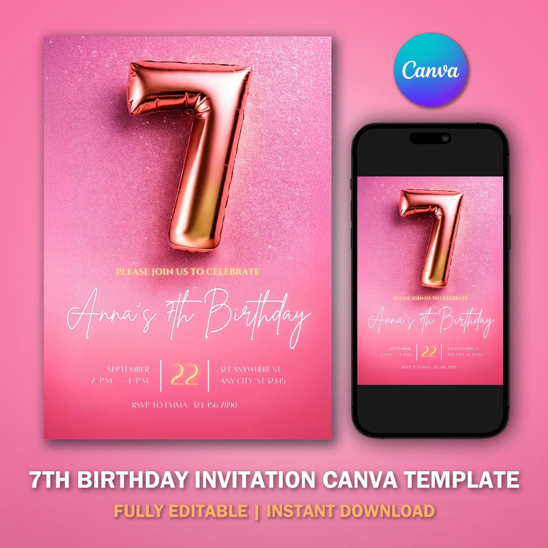 7th Birthday Invitation Template V1 for Glitter Birthday Party ...