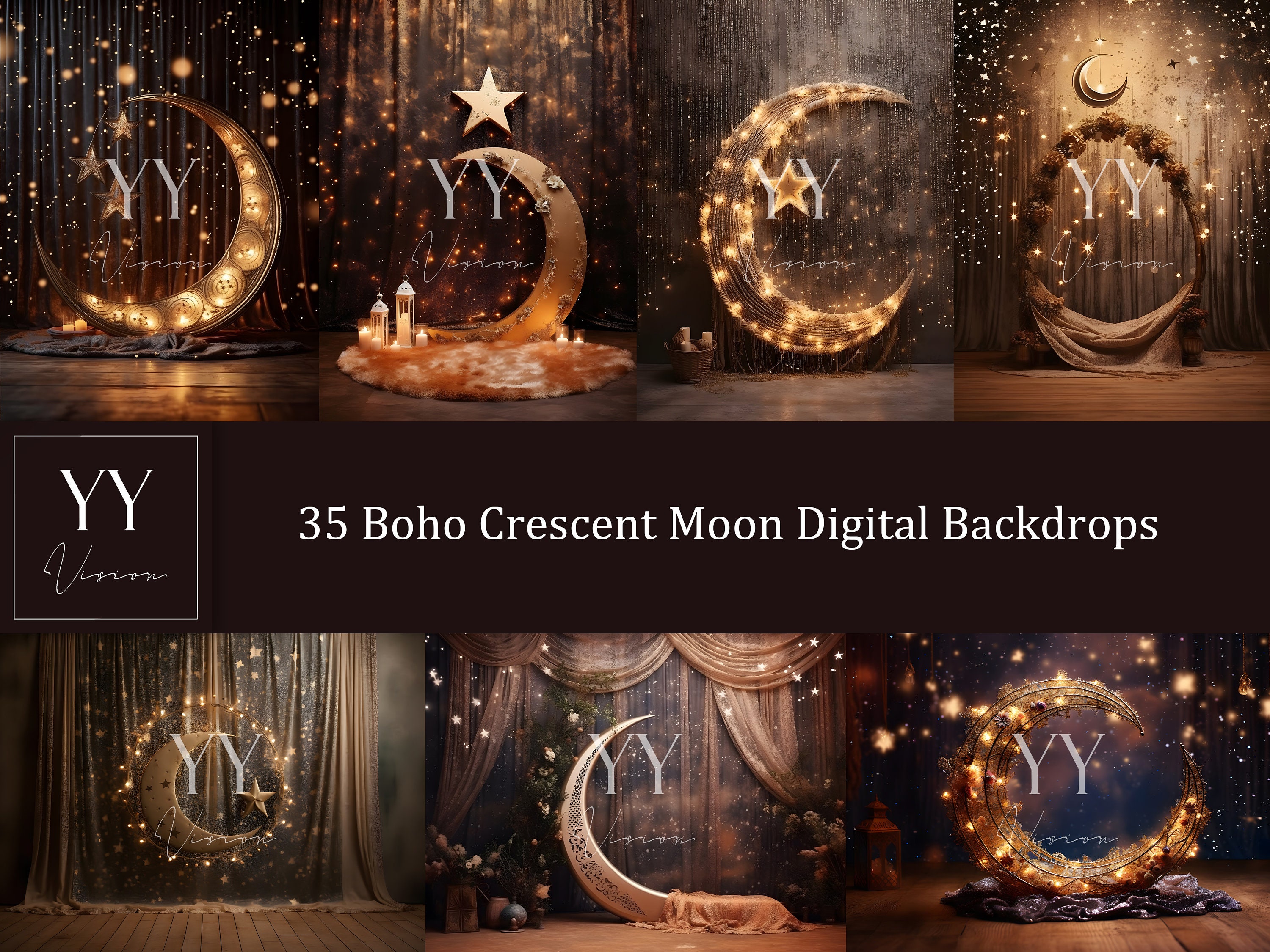 35 Boho Crescent Moon Digital Backdrops Sets for Maternity Newborn ...