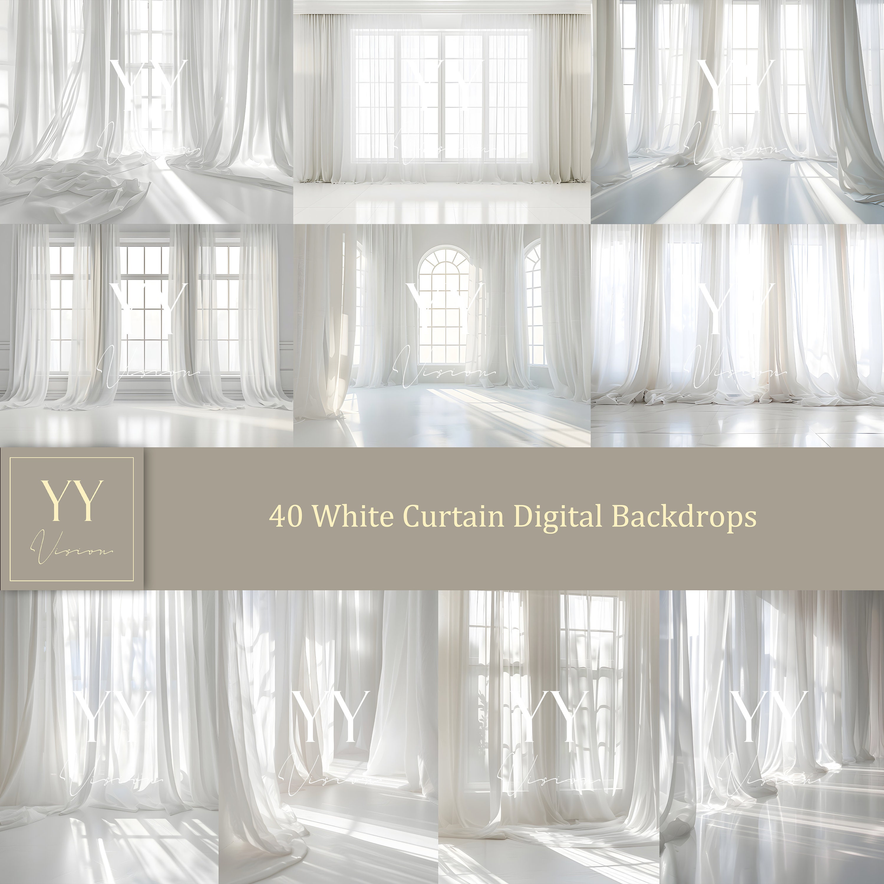 40 White Curtain White Room Digital Backdrops Sets for Maternity ...