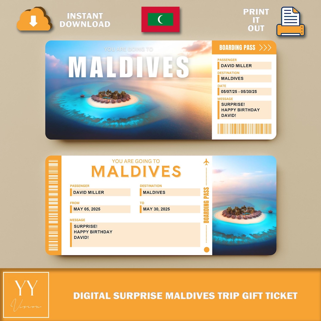 Printable MALDIVES Surprise Ticket V4 | Editable Boarding Pass ...