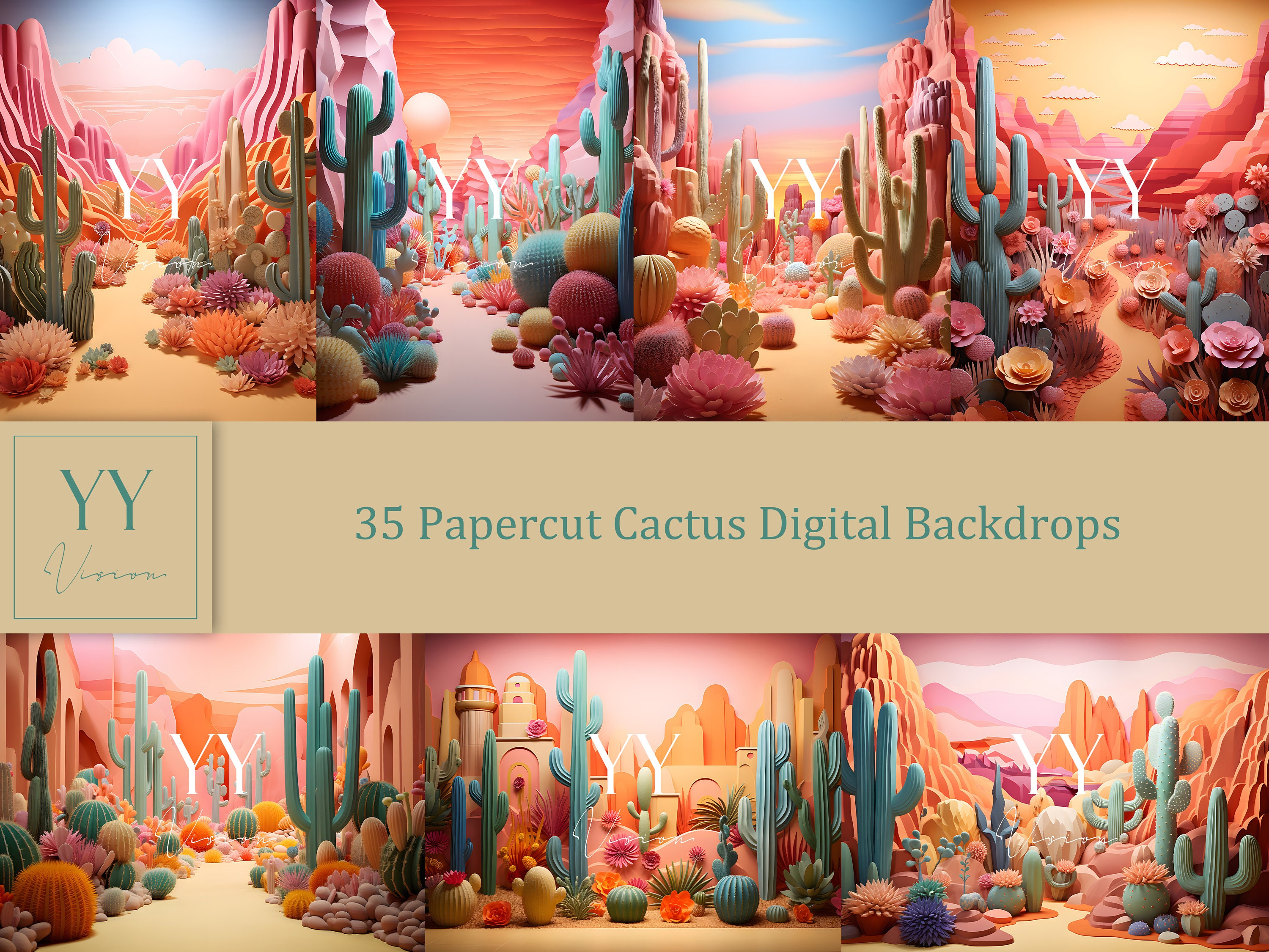 35 Papercut Cactus Digital Backdrops Sets for Newborn Baby Cake Smash ...
