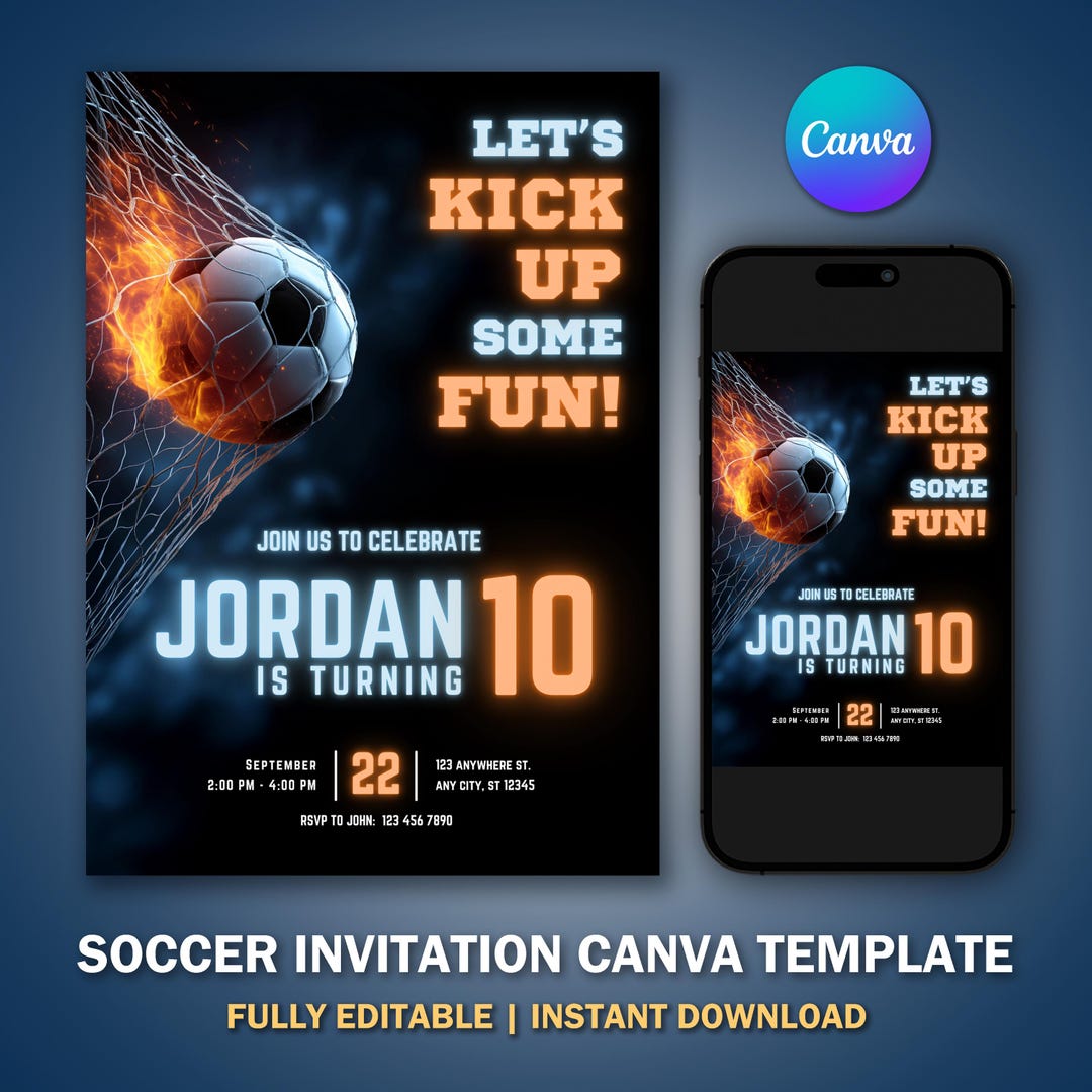 Soccer Invitation Template for Birthday Party V7 | Editable Printable ...