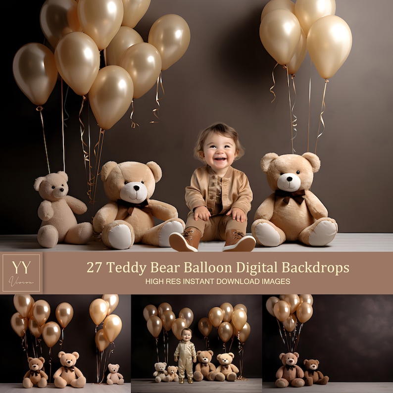 27 Teddy Bear and Balloon Bronze Digital Backdrops Sets for Newborn ...