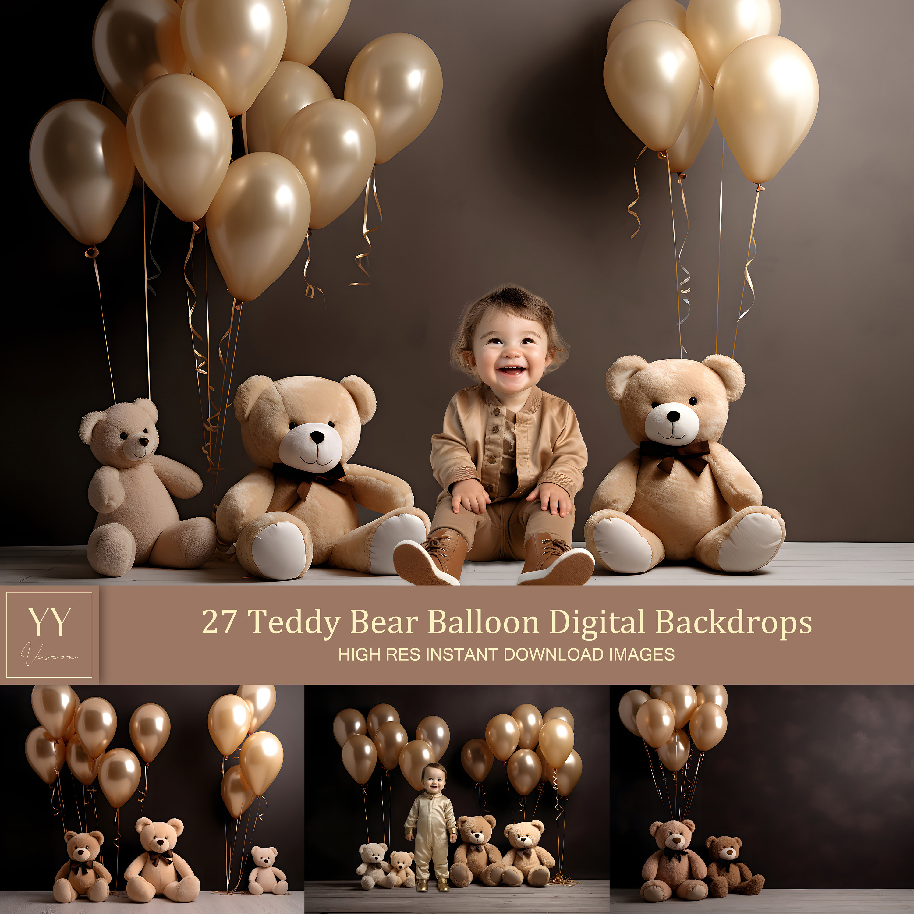 27 Teddy Bear and Balloon Bronze Digital Backdrops Sets for Newborn ...