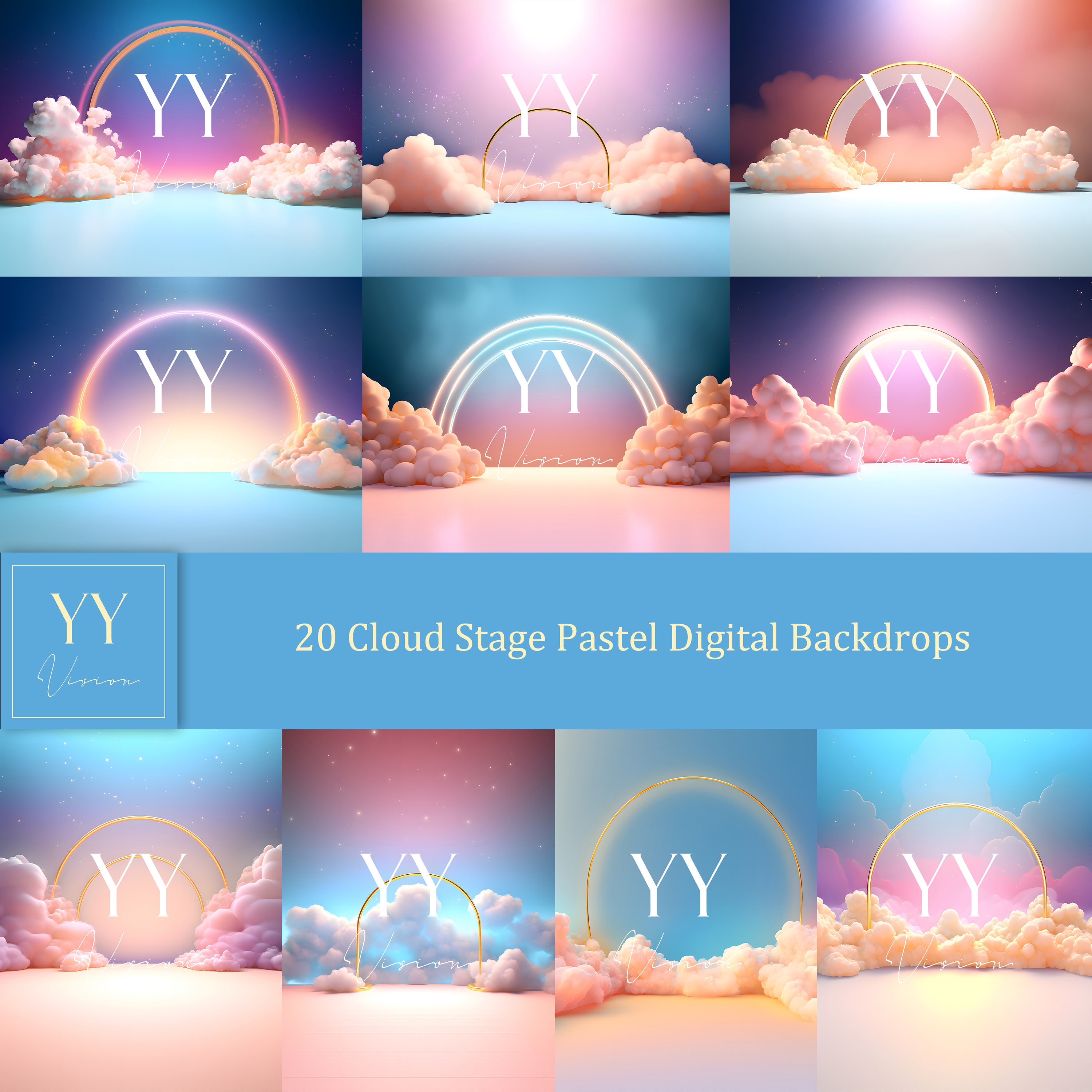 20 Cloud Stage Pastel Digital Backdrops Sets for Christmas Holiday ...
