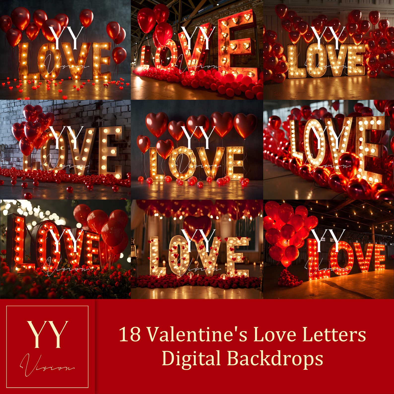 18 Love Letters Digital Backdrops Sets for Valentine Day Gift ...