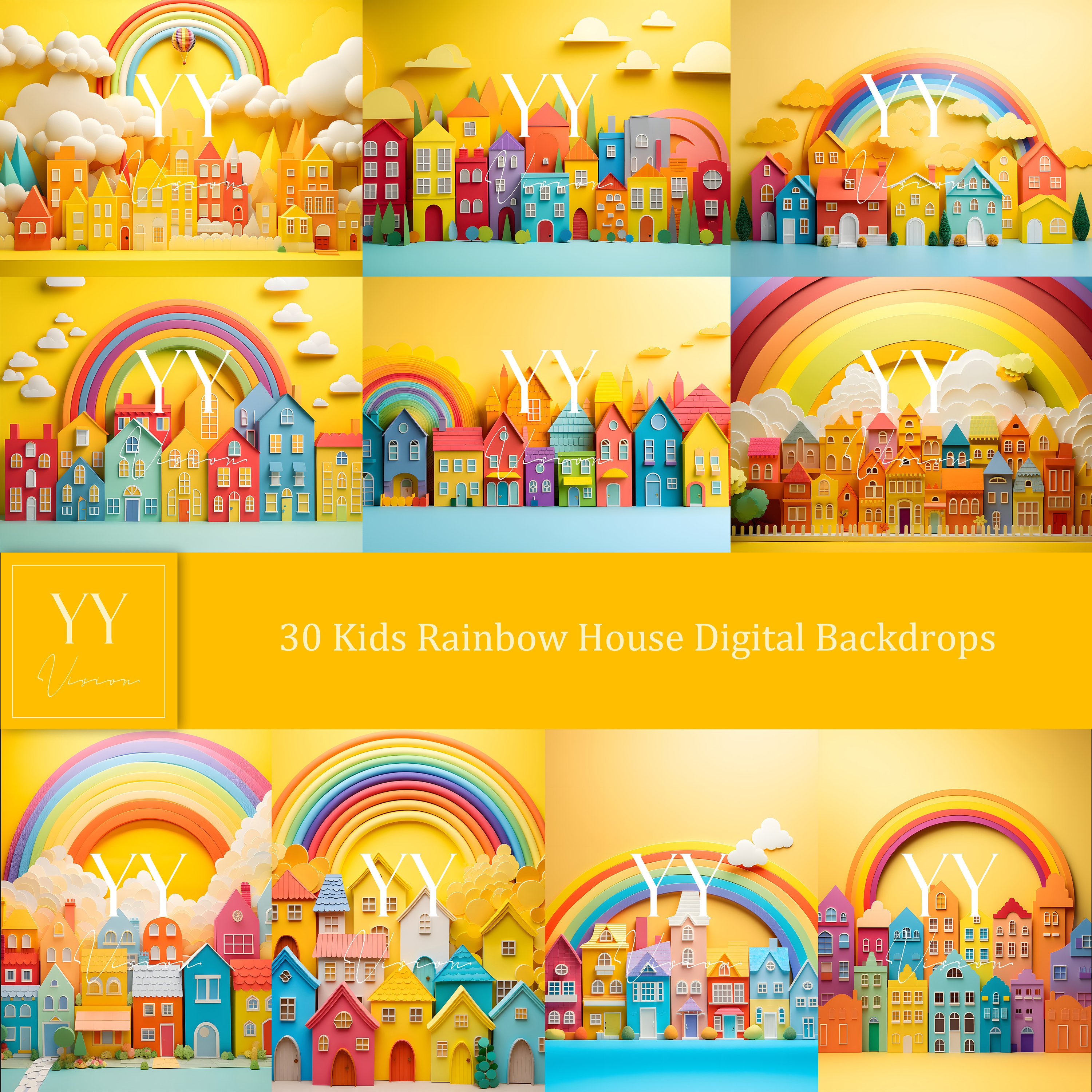 30 Kidcore House Rainbow Cloud Digital Backdrops Sets for Baby Cake ...