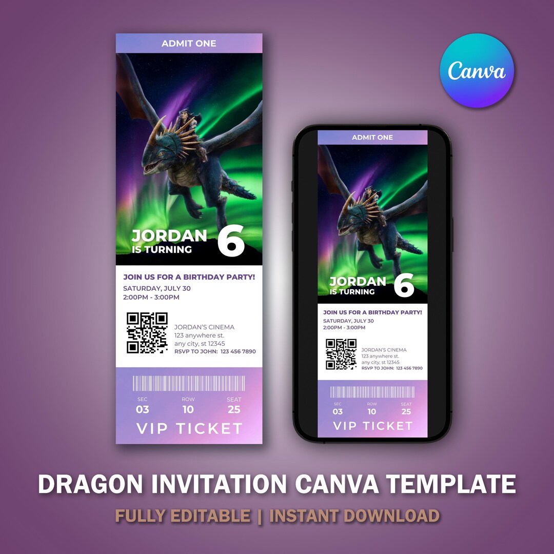 Toothless Dragon Ticket Invitation Template V4 | Editable Printable ...