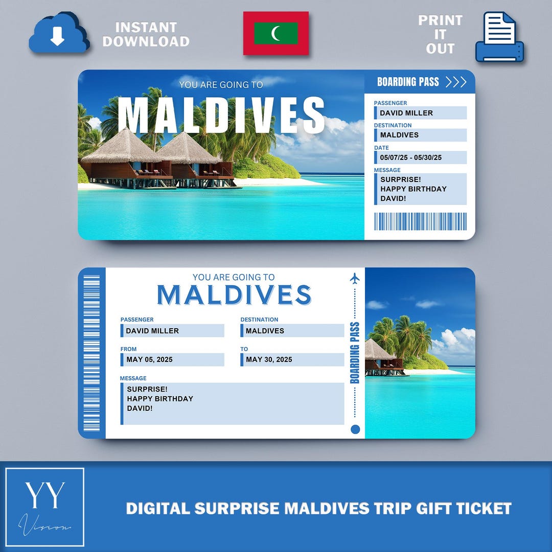 Printable MALDIVES Surprise Ticket V3 | Editable Boarding Pass ...