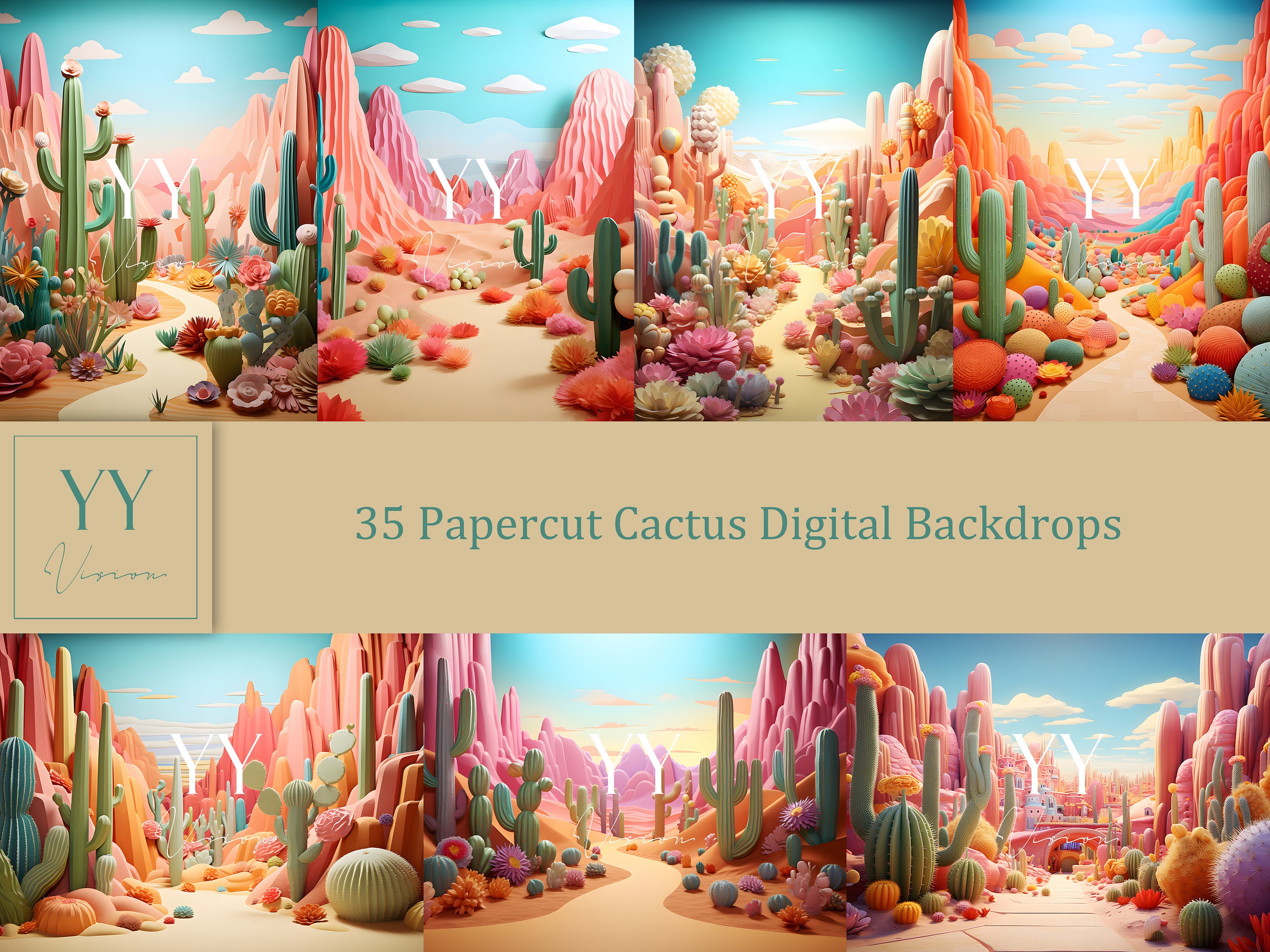 35 Papercut Cactus Digital Backdrops Sets for Newborn Baby Cake Smash ...