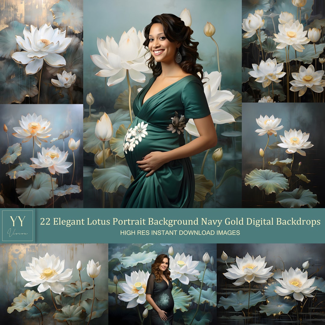 22 Elegant Lotus Portrait Background Navy Gold Digital Backdrops Sets ...