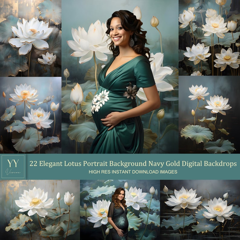 22 Elegant Lotus Portrait Background Navy Gold Digital Backdrops Sets ...