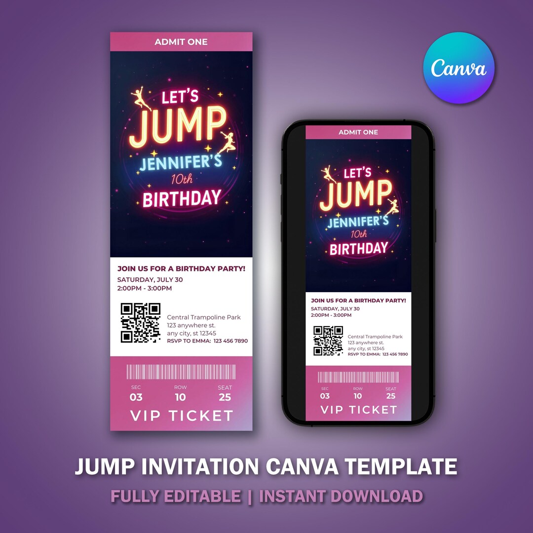 Jump Ticket Invitation Template for Trampoline Party Bounce House V3 ...