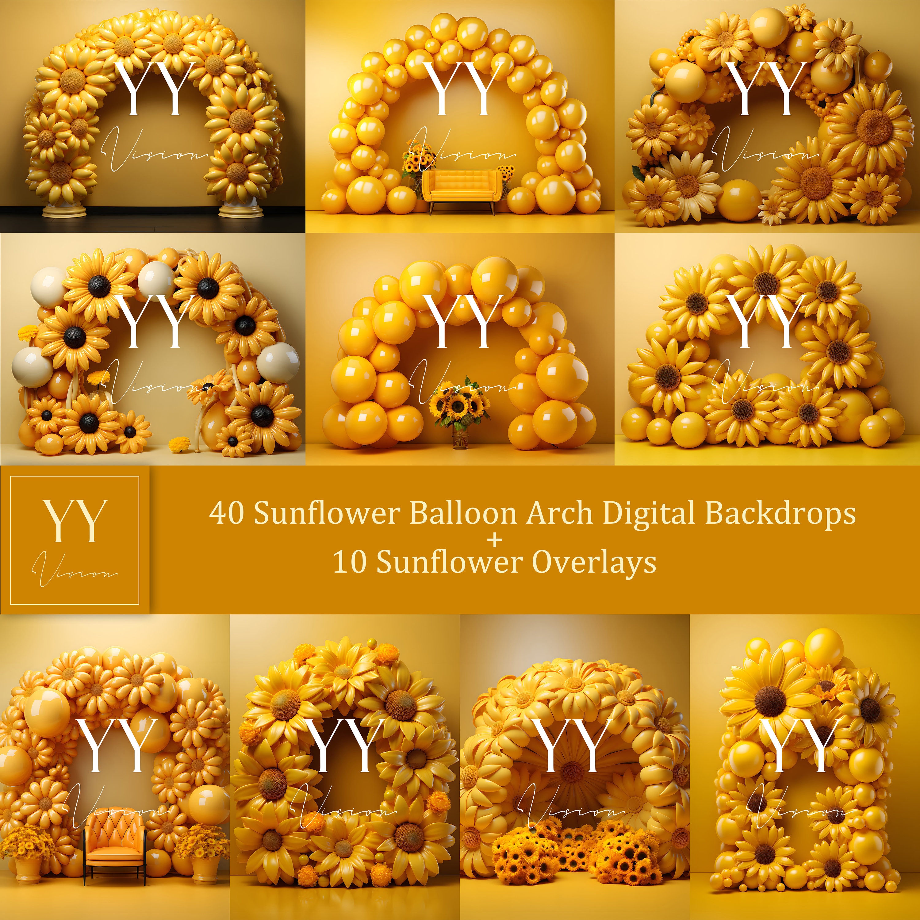 50 Autumn Sunflower Balloon Arch Digital Backdrops Overlay - Etsy