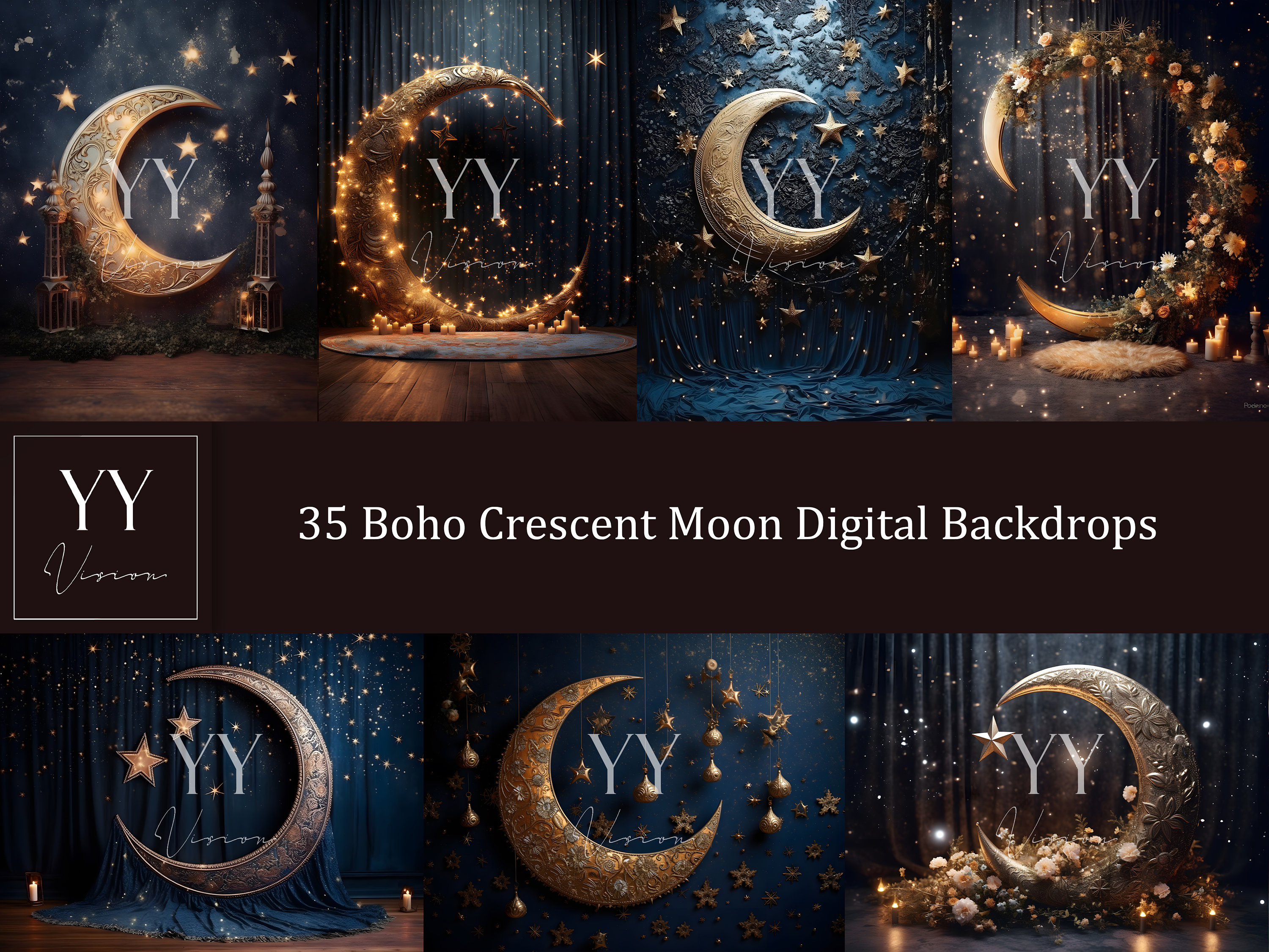 35 Boho Crescent Moon Digital Backdrops Sets for Maternity Newborn ...