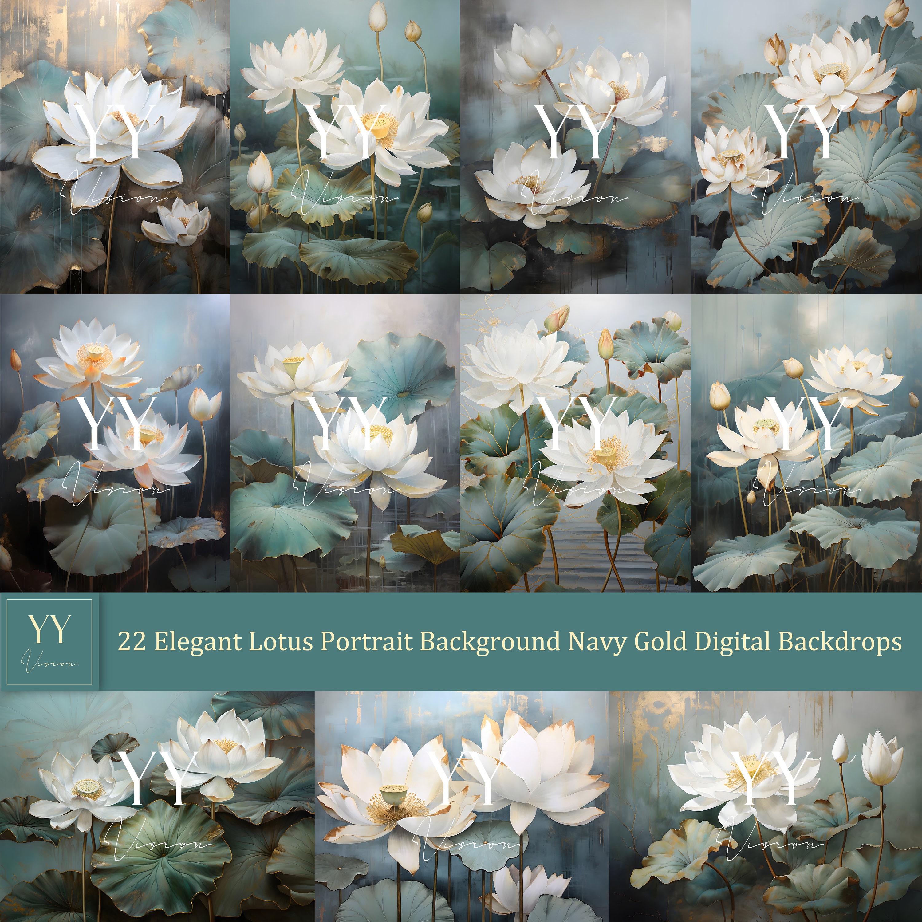 22 Elegant Lotus Portrait Background Navy Gold Digital Backdrops Sets ...