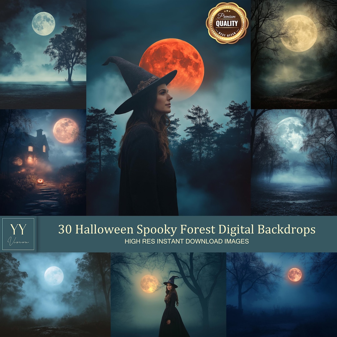 30 Halloween Full Moon Spooky Forest Night Digital Backdrops Sets for ...