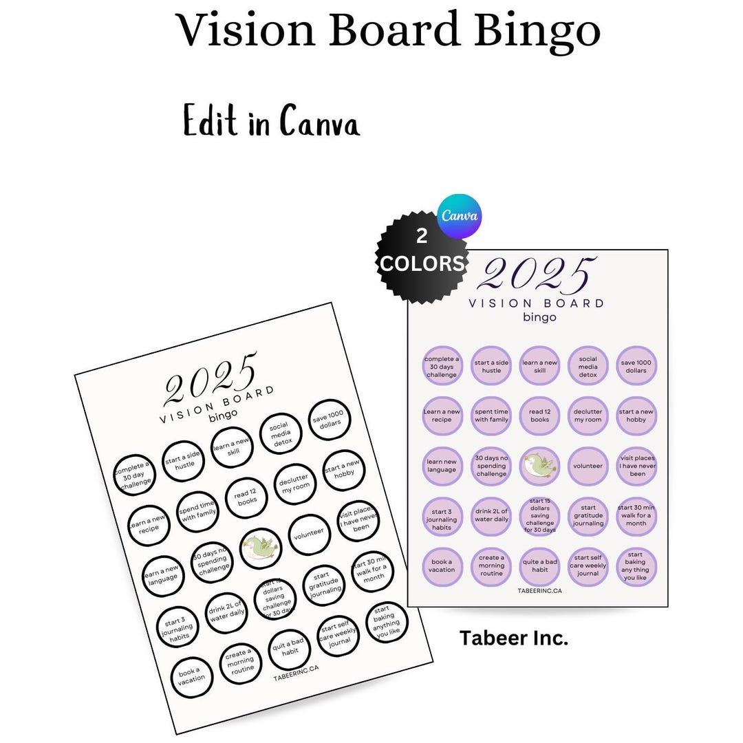 Vision Board Bingo Template Printable 2025 New Year Resolution Tracker ...