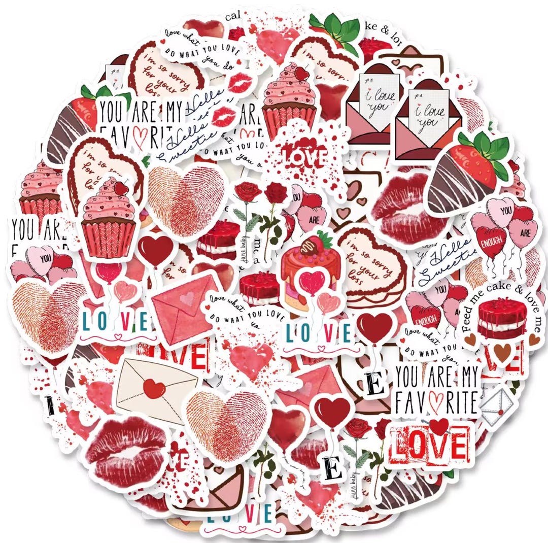 46 Pcs Valentine Aesthetic Stickers | Red and Pink Love-themed | Kawaii ...