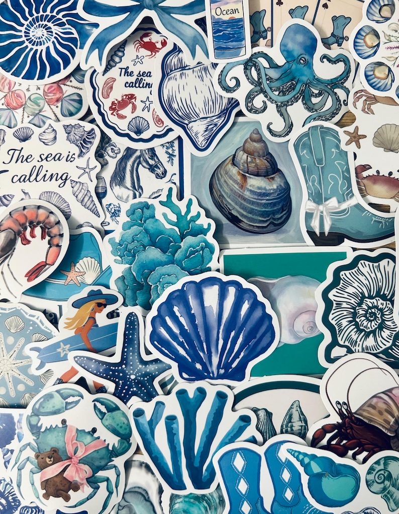 50 Pcs the Coastal Girl Sticker Pack | Blue Shell & Ocean Stickers ...