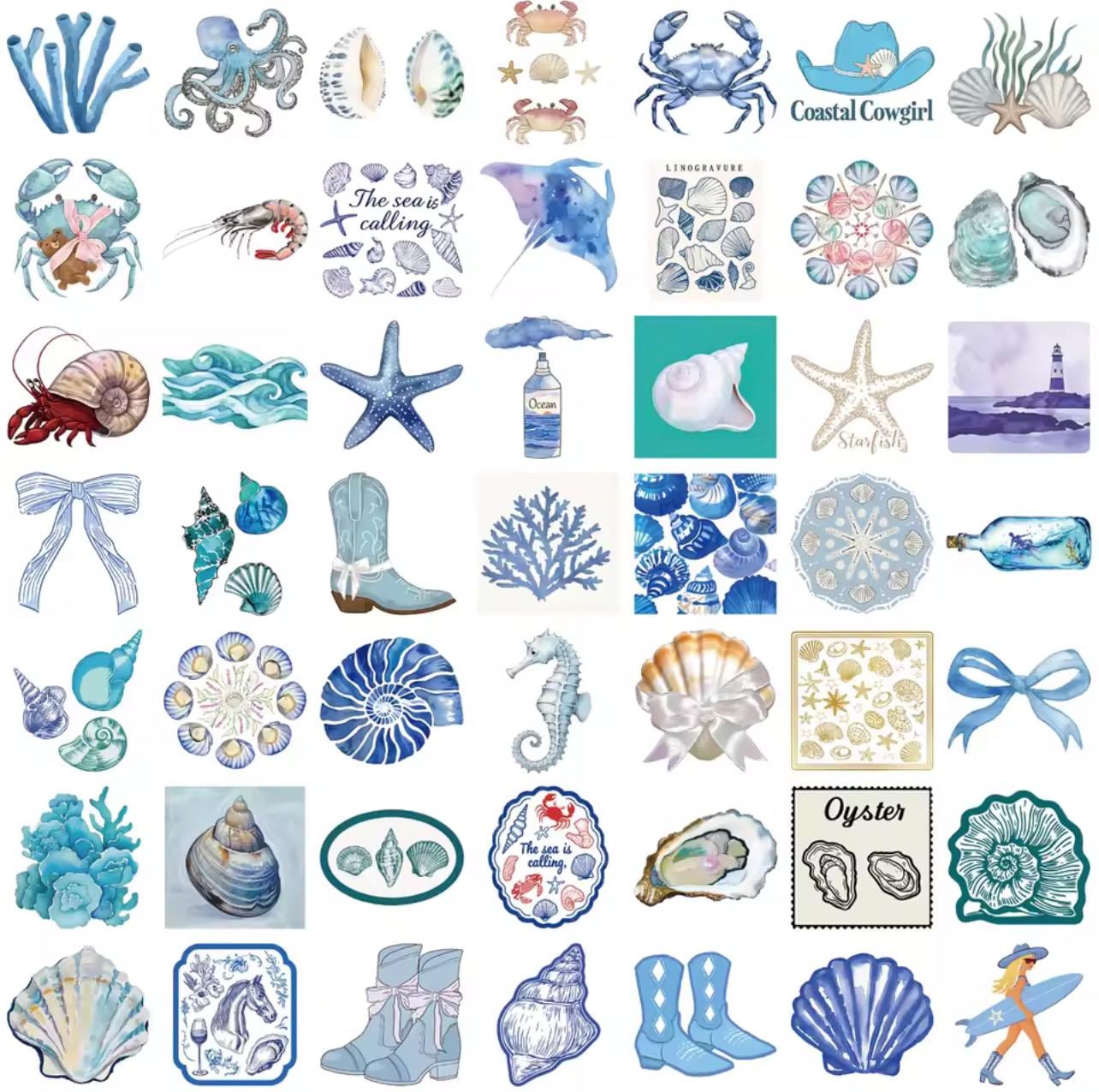 50 Pcs the Coastal Girl Sticker Pack | Blue Shell & Ocean Stickers ...