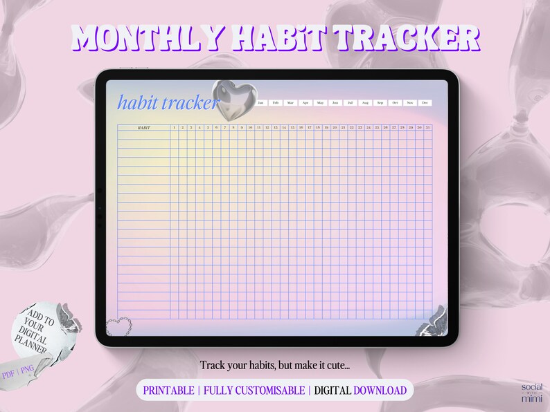 Monthly Habit Tracker, Printable Digital, Landscape, PDF PNG, Instant ...