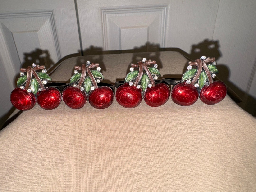 RHINESTONE CHERRY NAPKIN Rings Crystal Cherry Vintage Napkin Rings Set ...