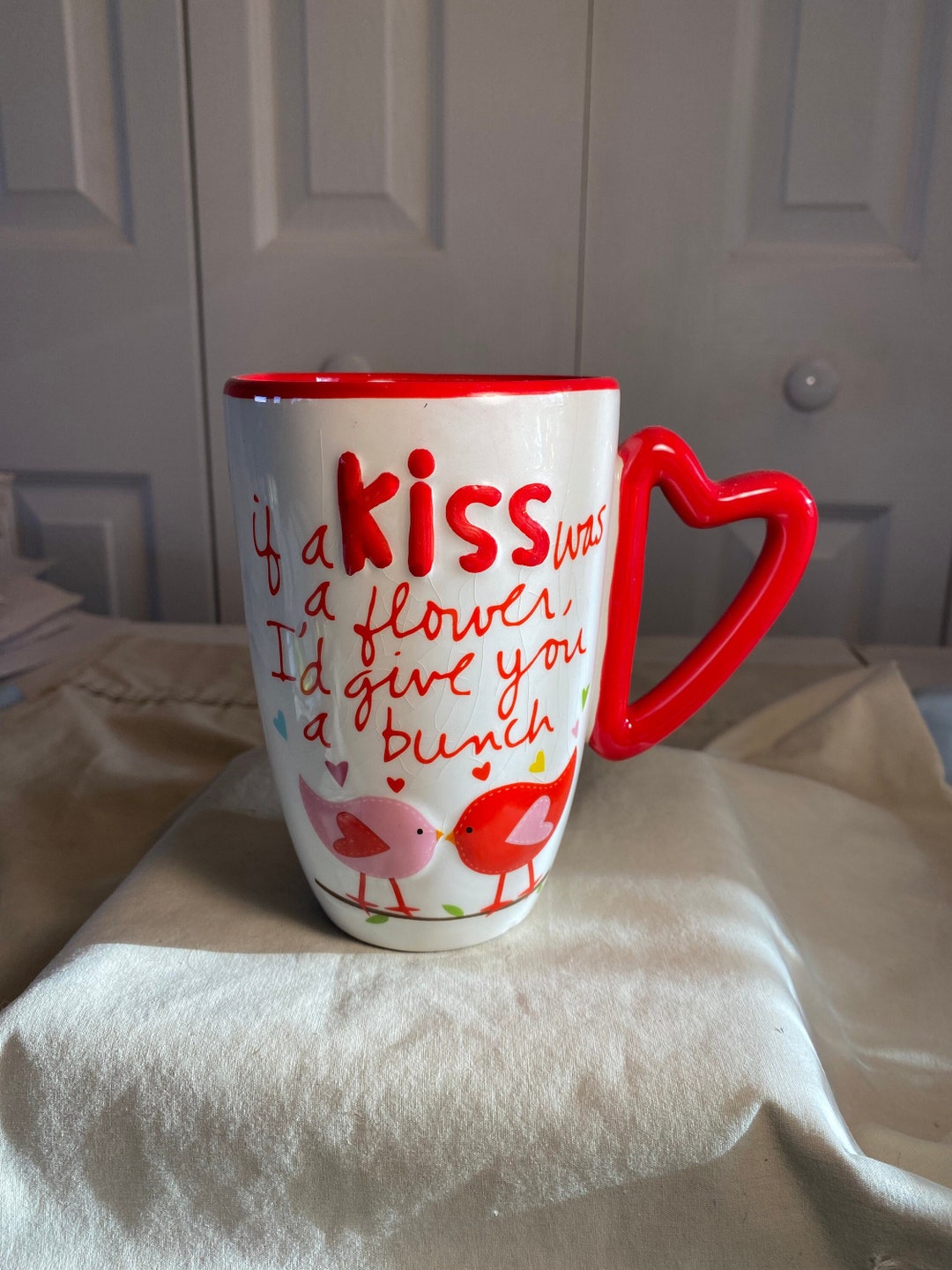 VINTAGE FTD RED Heart Kiss Mug Vintage Mug Large Mug Collectable Glass ...