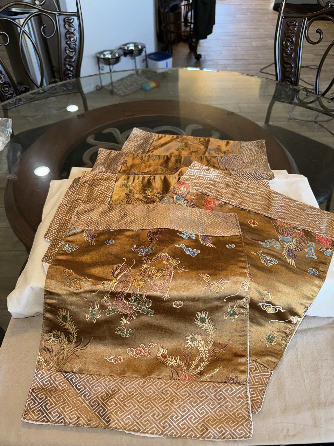 VINTAGE SET OF 6 Chinese Silk Placemats Silk Dragon Placemats Kitchen ...