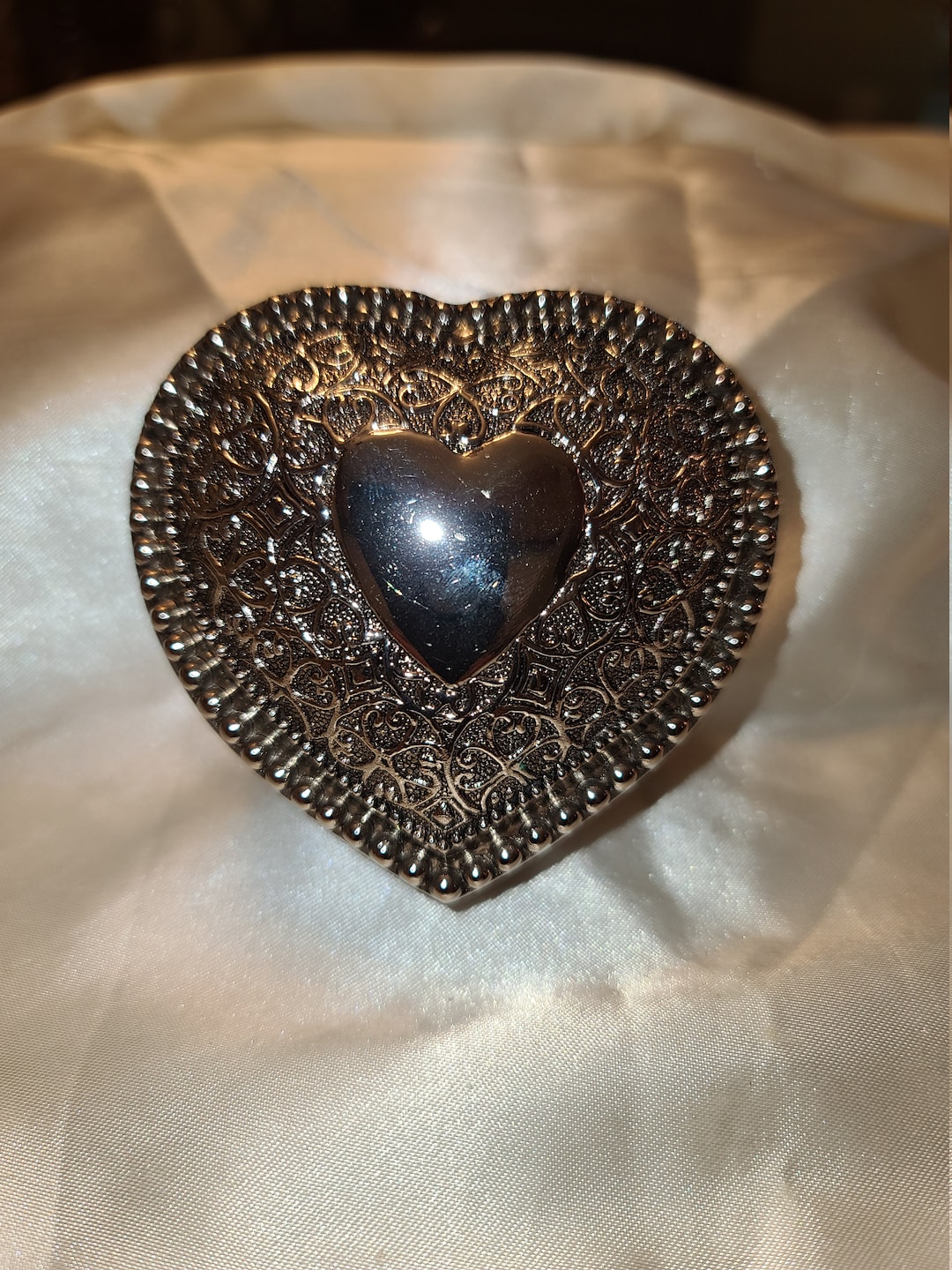 CARVED SILVER Heart Box Vintage Ornate Heart Box Valentine Heart Box ...