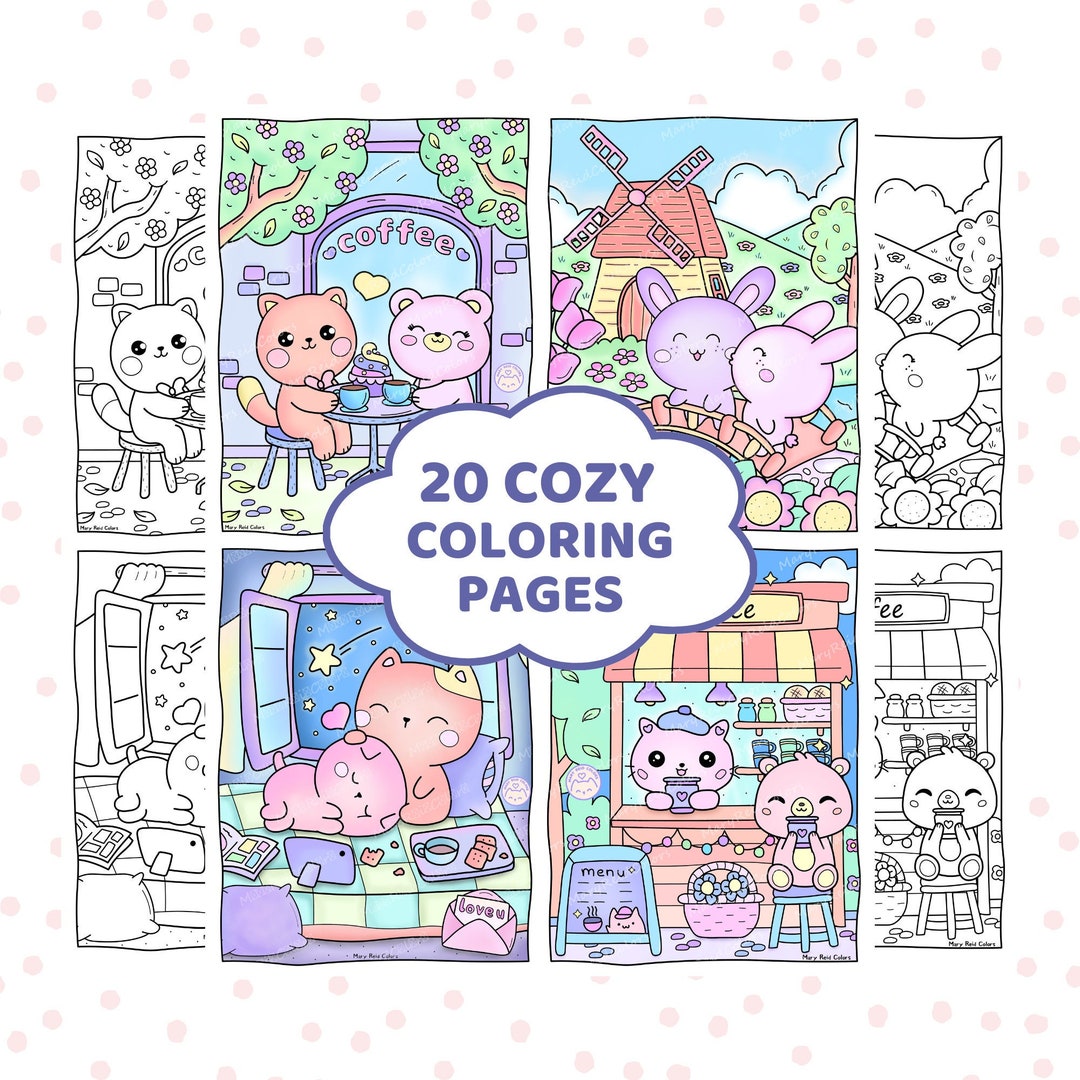 Cozy Coloring Pages, Kawaii Animals Printable Pages (PDF) - Etsy
