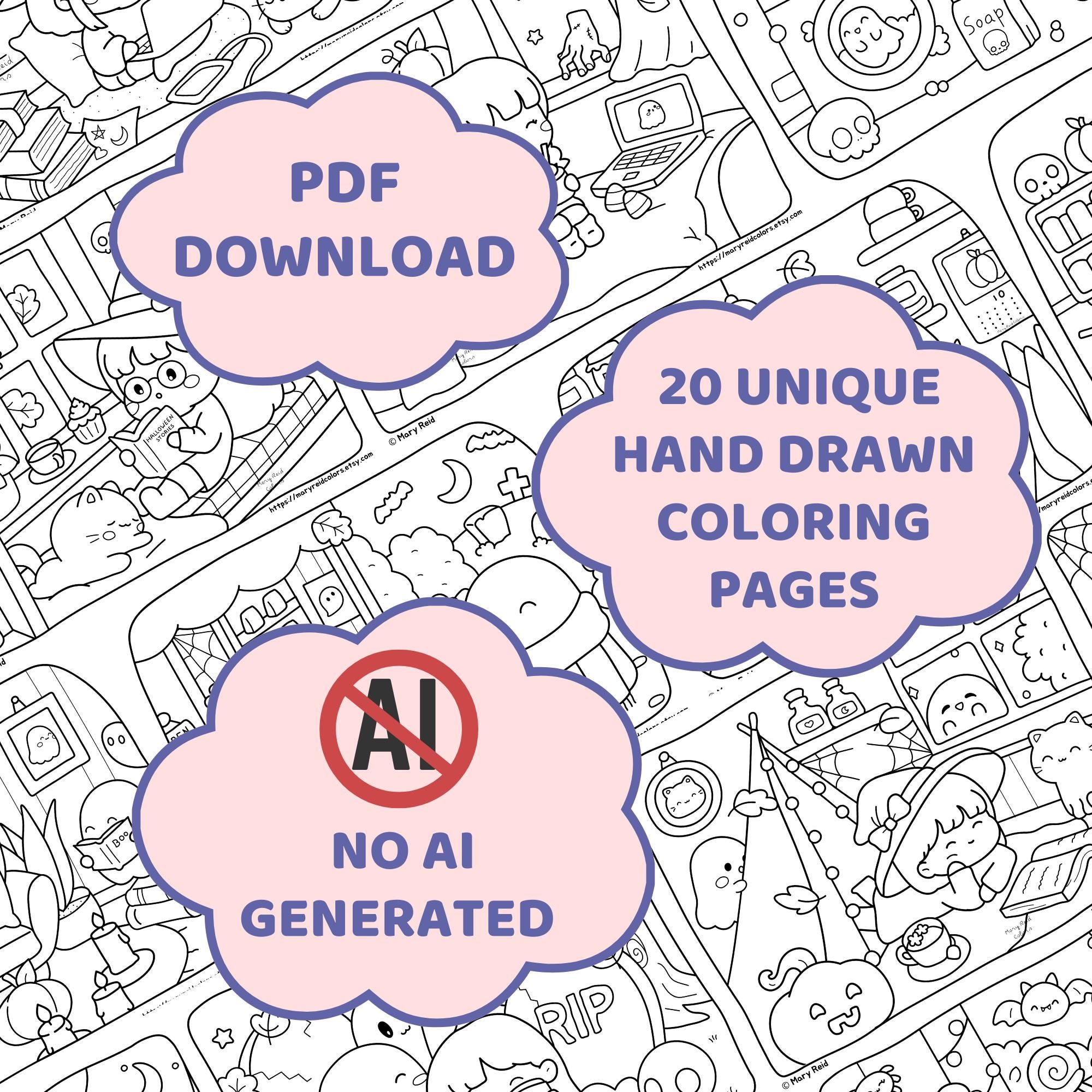 Cozy Halloween Coloring Book Bundle, Spooky Kawaii Printable Pages (PDF ...