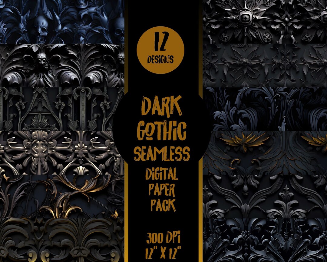 Seamless Black Gothic Digital Paper, Skull Damask Halloween Scrapbook ...