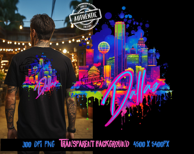 Dallas City Skyline at Night, Neon Png - DTF, Screenprint, Clipart and ...