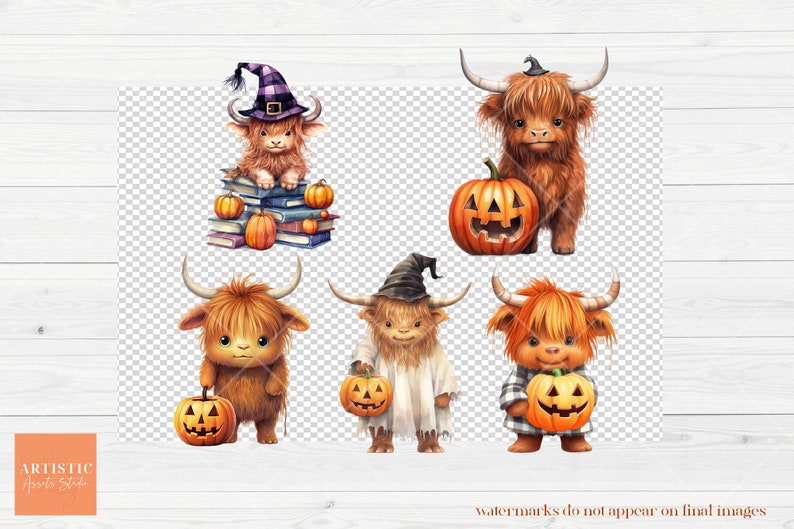 Halloween Baby Highland Cows Watercolor Clipart | Cows in Witch Hats ...
