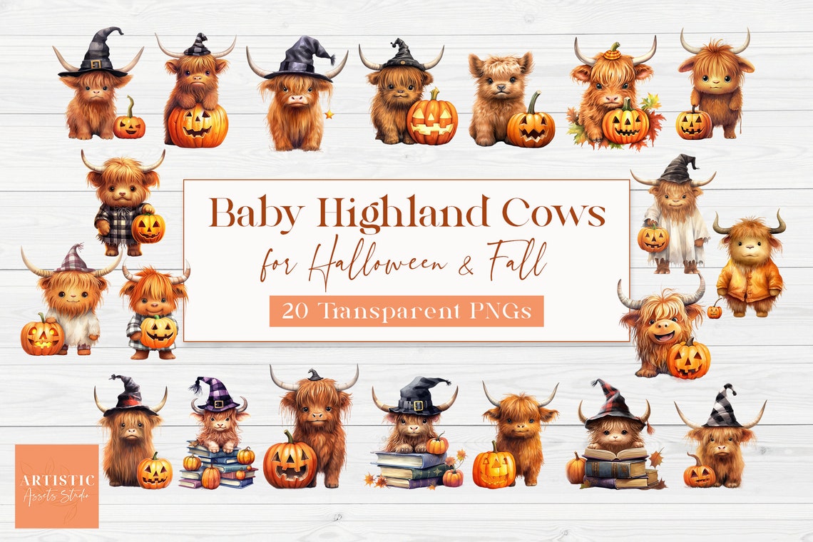 Halloween Baby Highland Cows Watercolor Clipart | Cows in Witch Hats ...